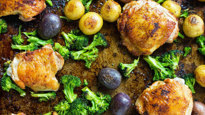 Sheet Pan Chicken Thighs with Potatoes & Broccoli – Rusty Hinges Ranch